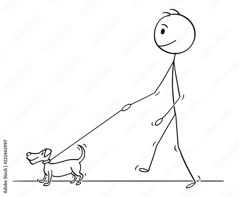 Cartoon stick drawing conceptual illustration of man walking with small ...