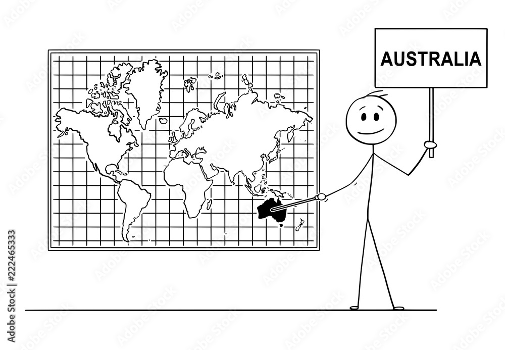 Cartoon stick drawing conceptual illustration of man using pointer and ...