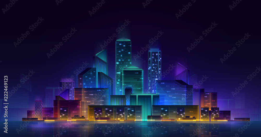 Night cityscape with neon lights. Vector architectural illustration ...
