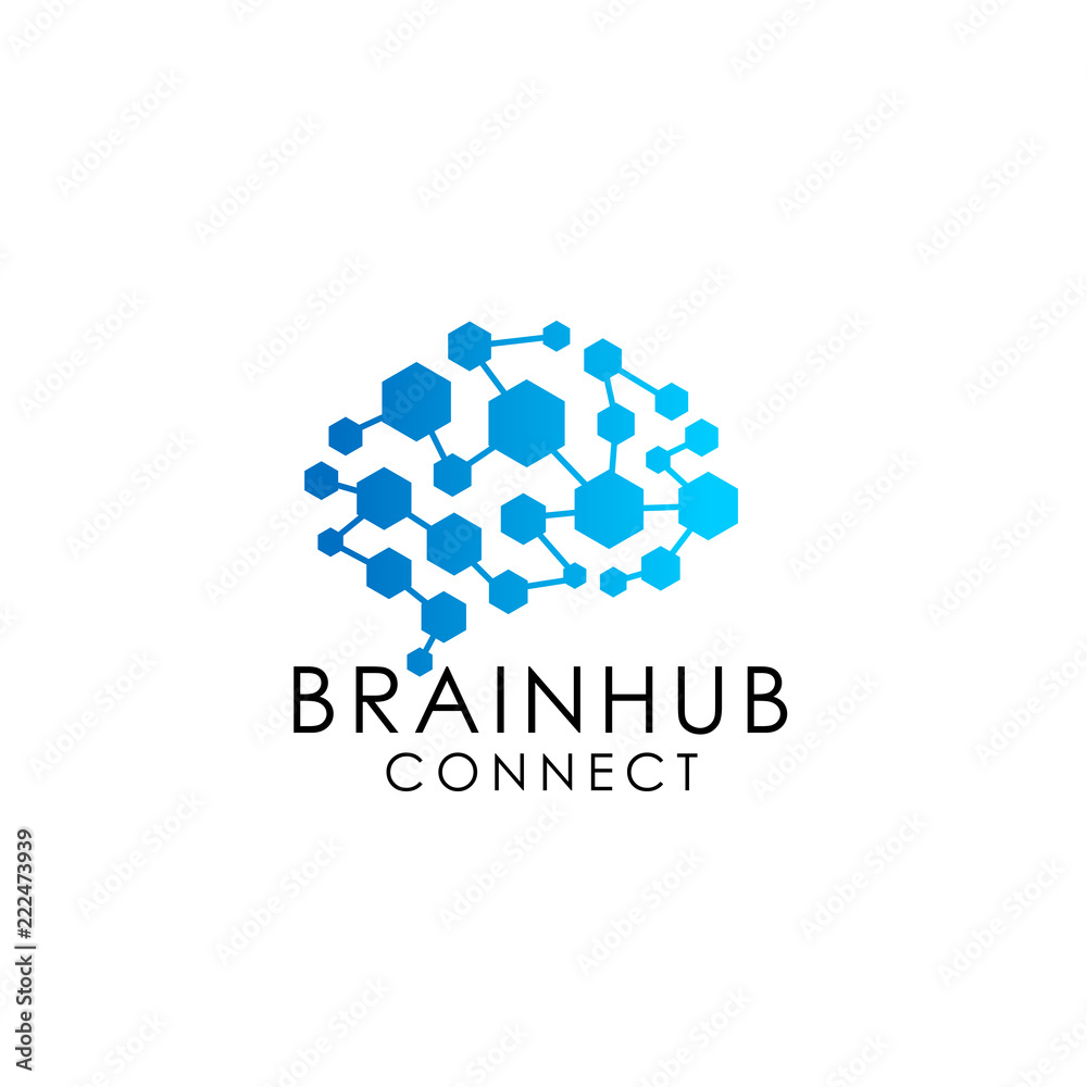brain connection logo with hexagon. digital brain. brain hub logo ...