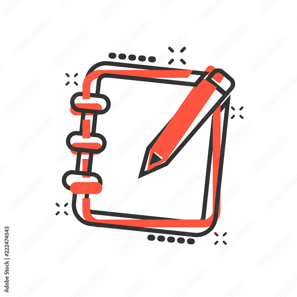 Vector cartoon notepad edit document with pencil icon in comic style ...