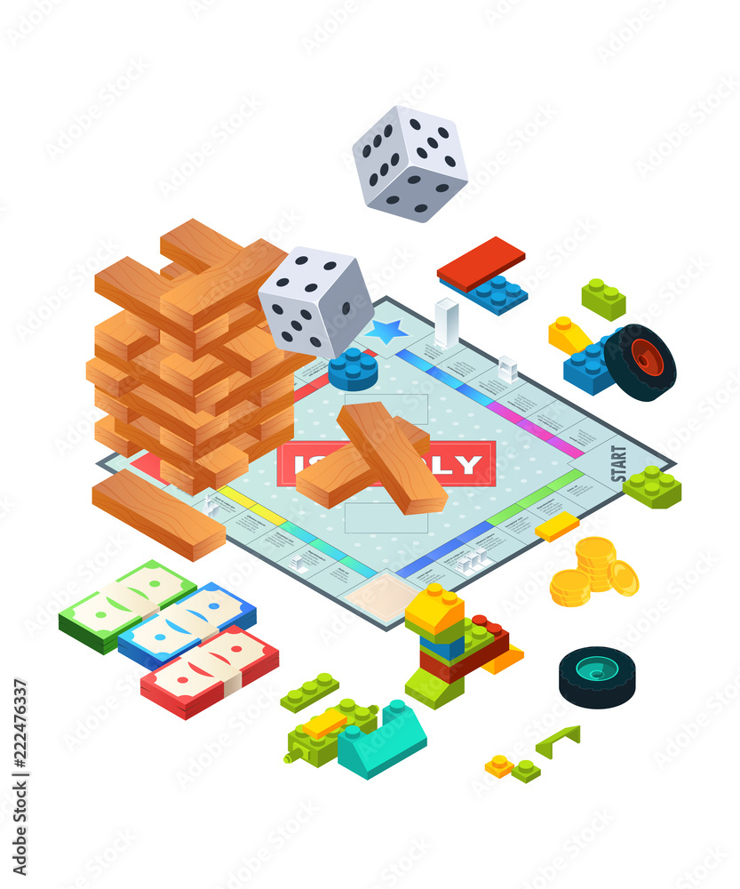 Composition of various boards games. Isometric background pictures of ...