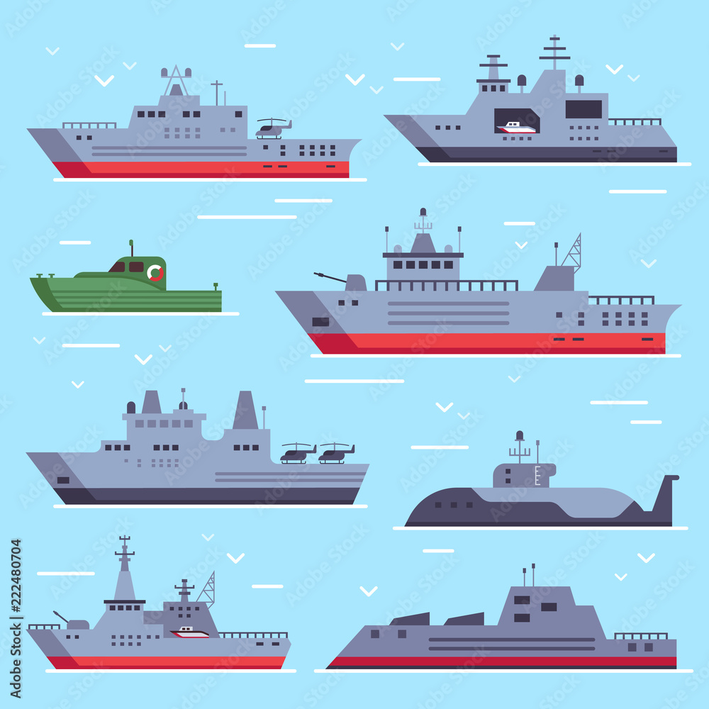 Flat military boats. Navy battle ships, sea combat security boat and ...