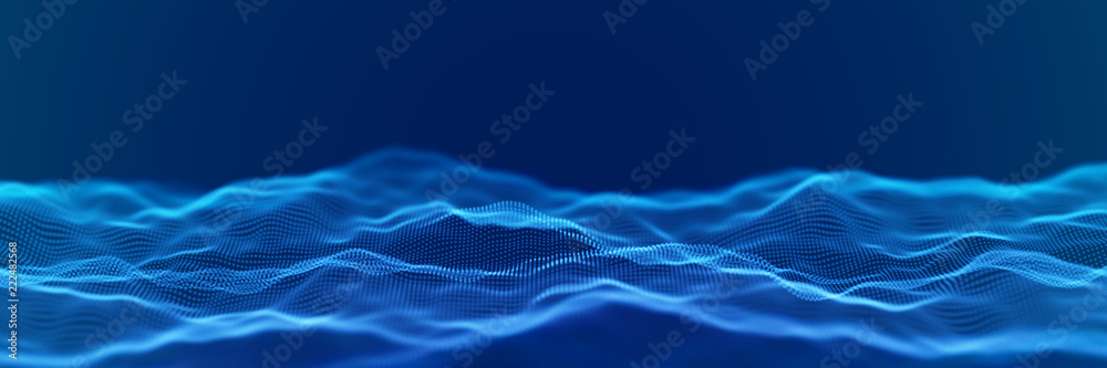 Abstract digital landscape or waves with flowing particles. Big data or ...