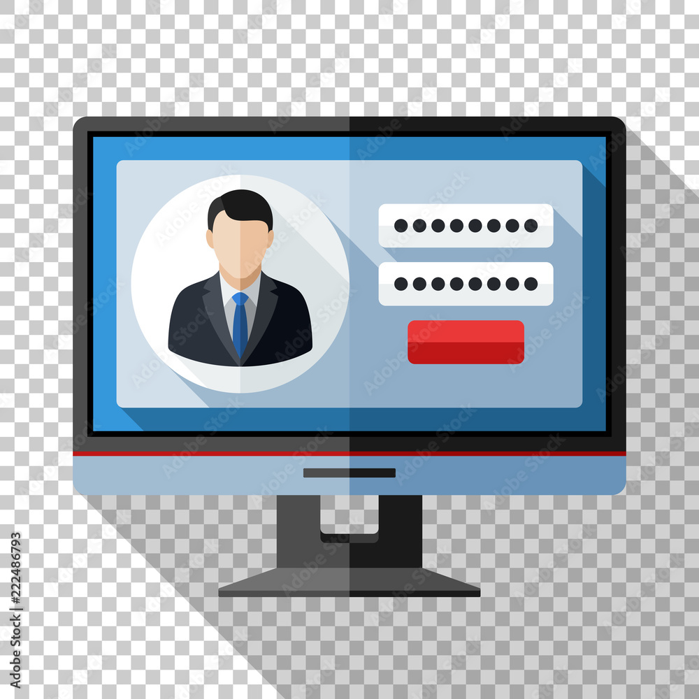 Monitor icon in flat style with user login form on the screen and long ...