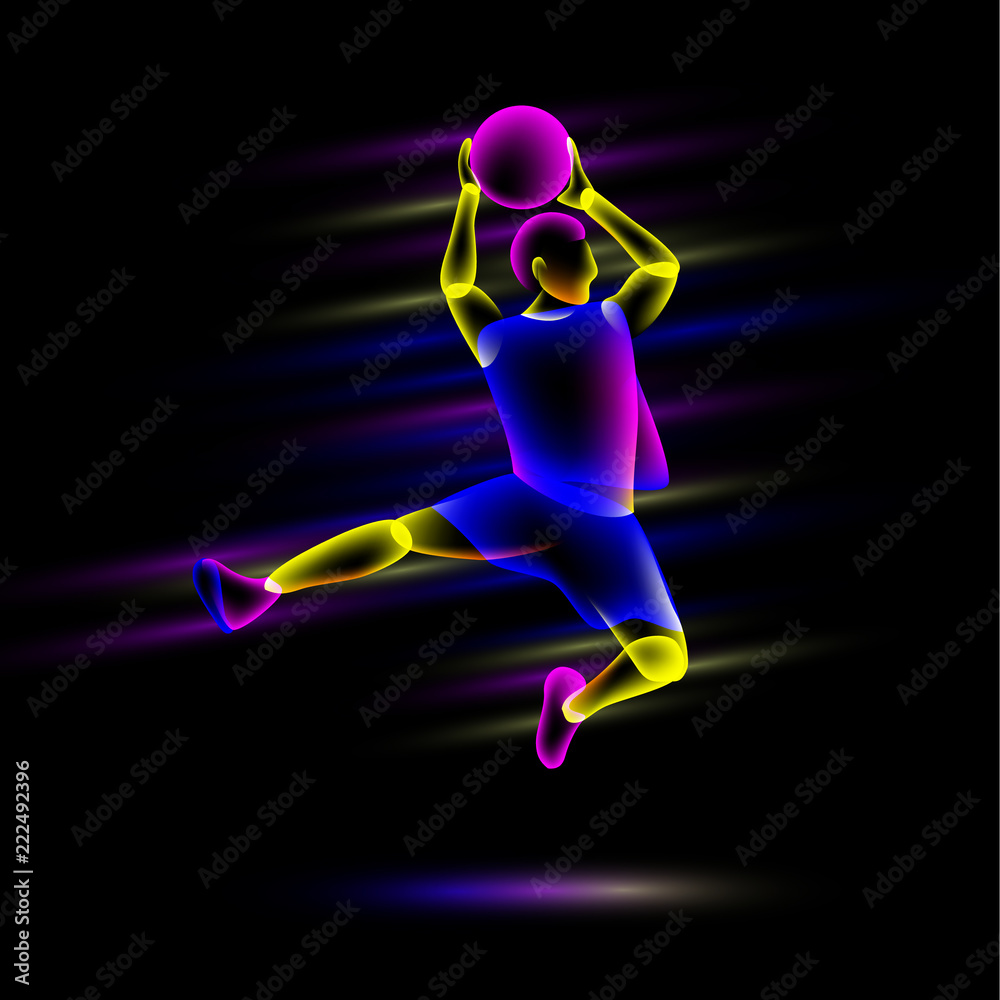 Slam by basketball player. Abstract neon transparent overlay layers ...