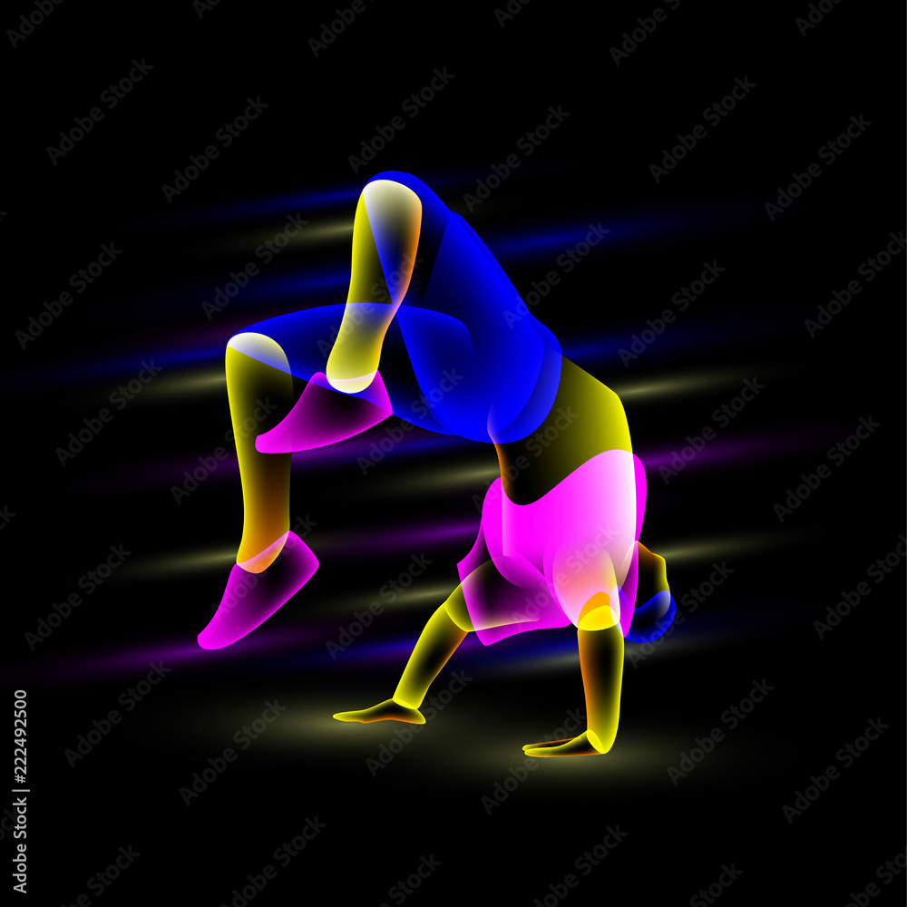 Break dancer doing back flip. Abstract neon transparent overlay street ...