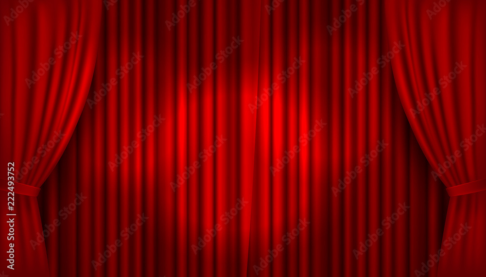 Vector realistic illuminated stage with open red velvet curtains Stock ...