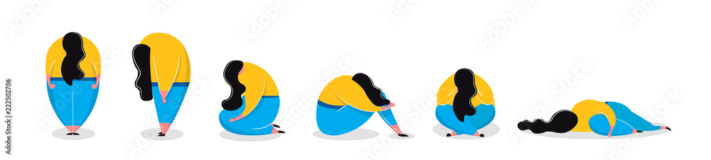 Depressed girl in different poses sad woman standing sitting lying ...