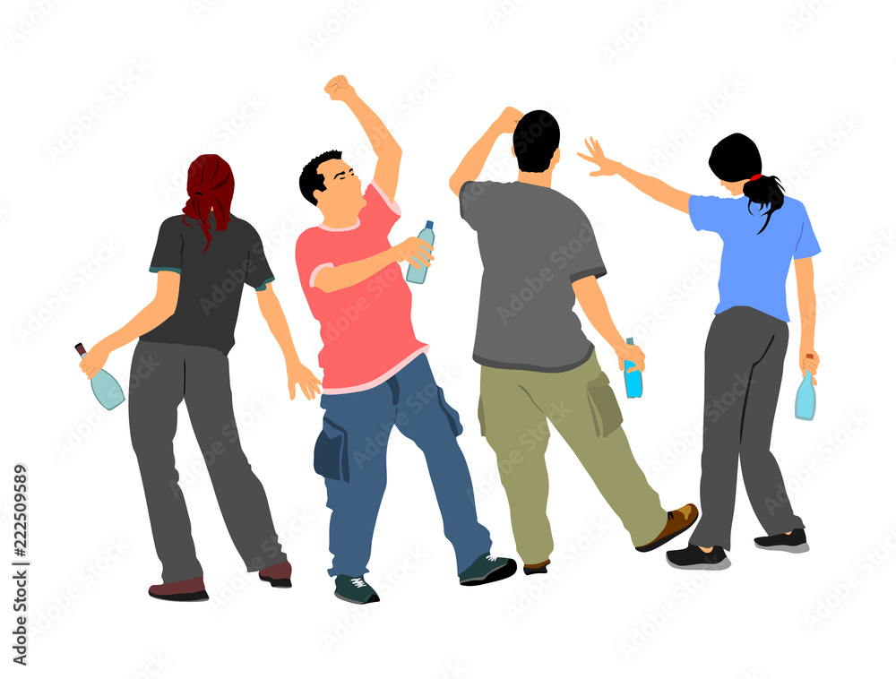Drunk persons with alcohol bottles vector. Crew on party people ...