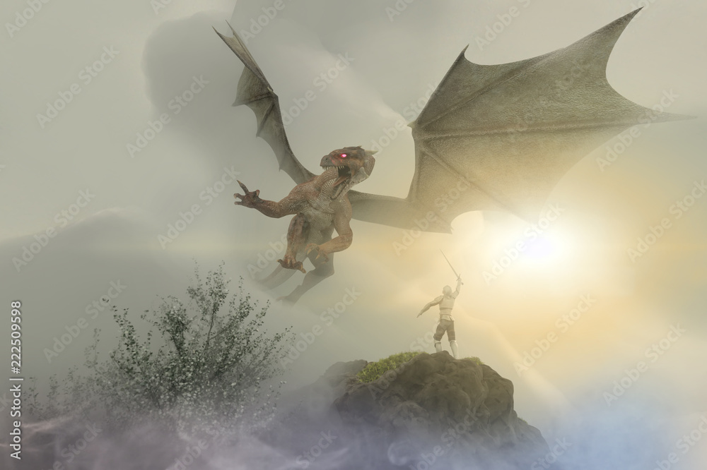 knight fighting dragon, dragon versus man, 3D render Stock Illustration ...