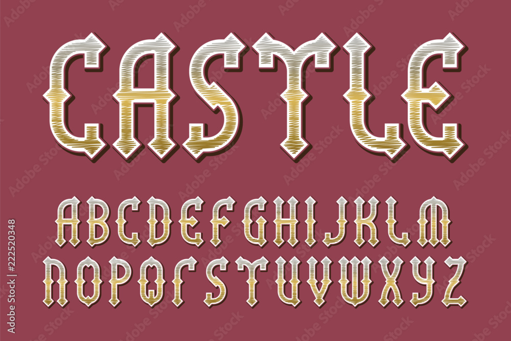 Castle golden alphabet. Gaming medieval stylized font. Isolated english ...