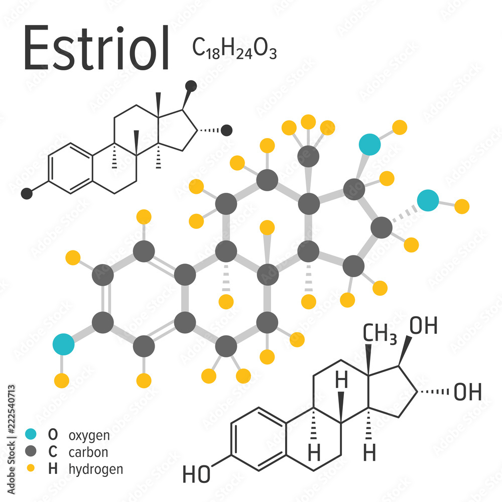 Chemical formula, structure and model of the estriol molecule, vector ...