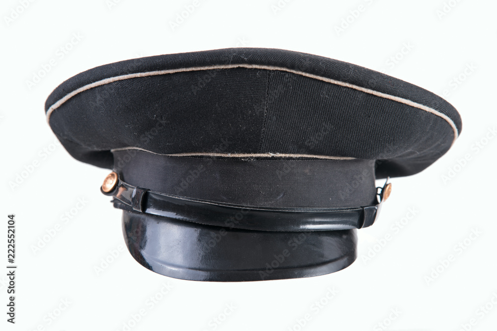Black headpiece for military personnel, old black military cap in half ...