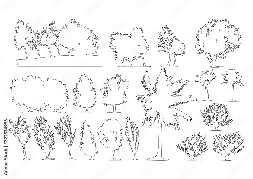 Set of side view graphics trees elements outline symbol for ...