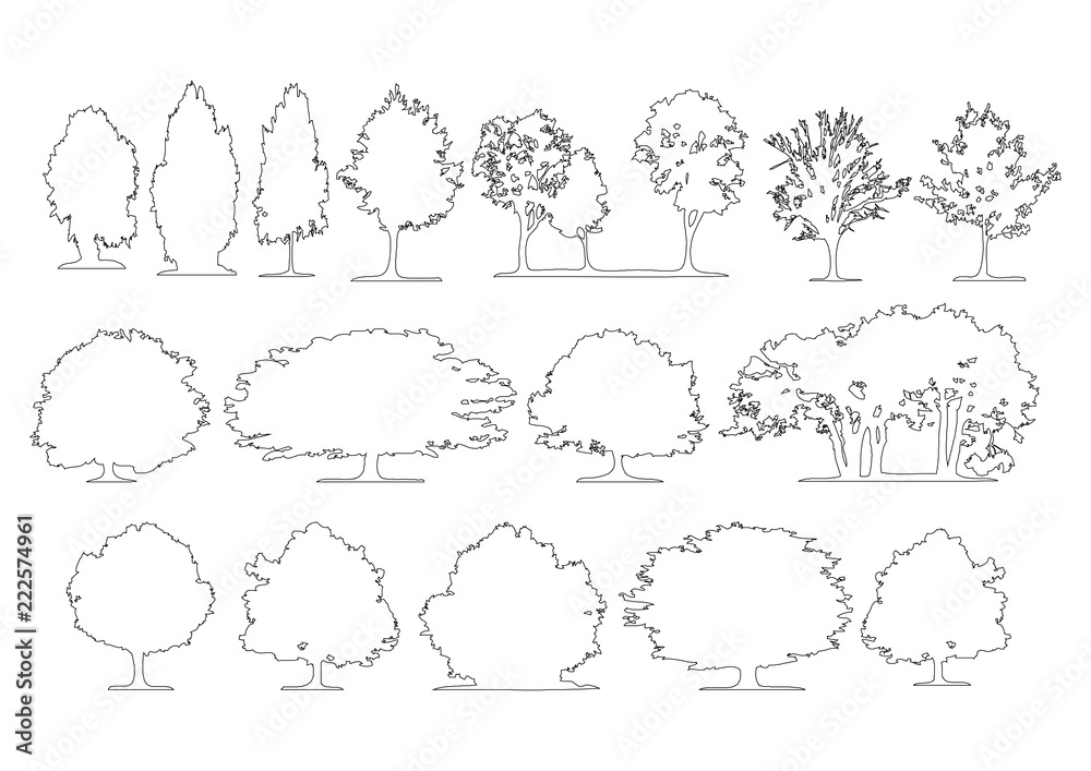 Set of side view graphics trees elements outline symbol for ...
