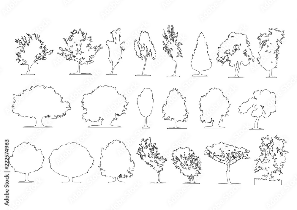 Set of side view graphics trees elements outline symbol for architecture and landscape design ...