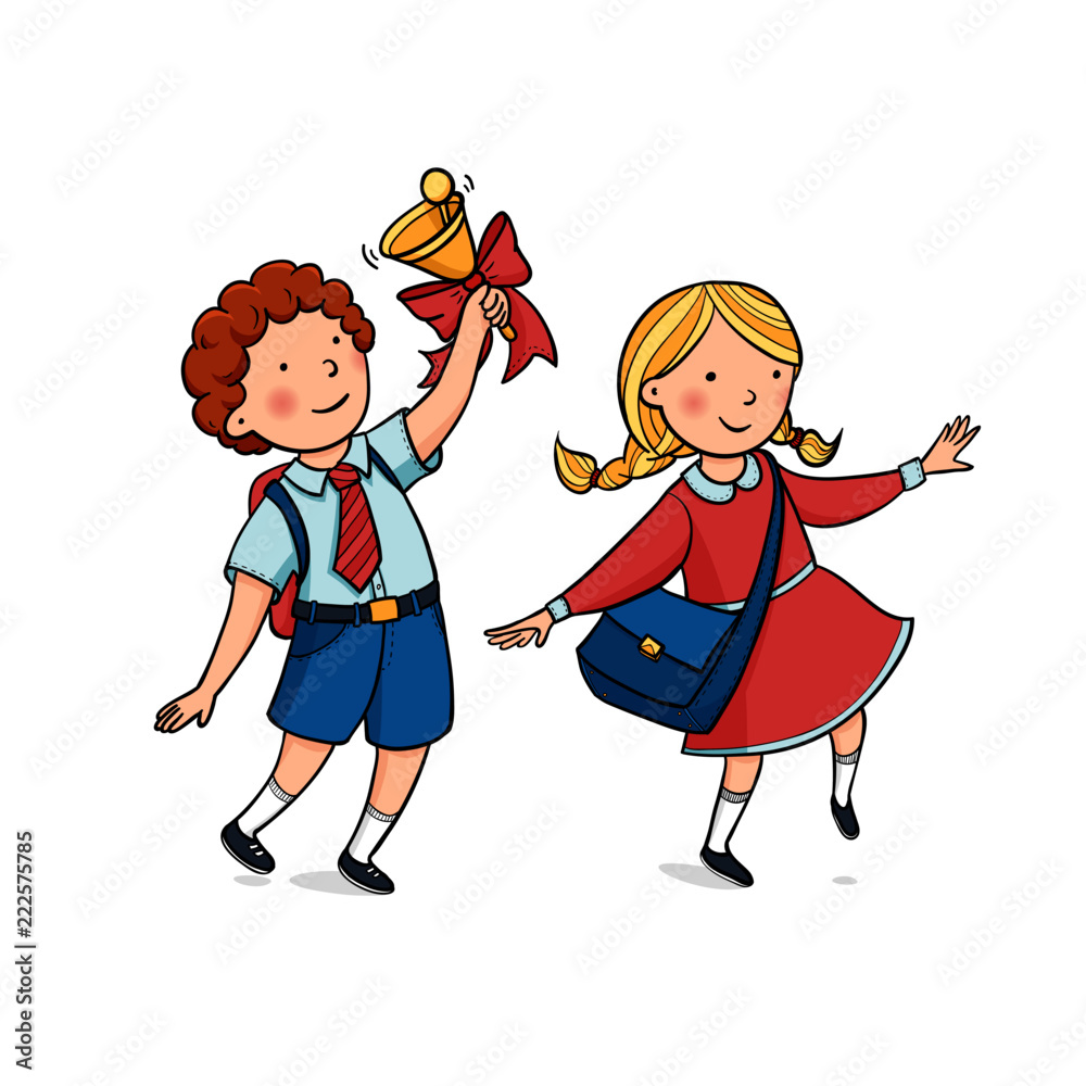 Color vector school clip art with kids. Children run happily to school ...
