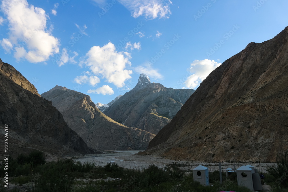 Oasis of green trees on the way to K2 base camp, Trekking along in the ...