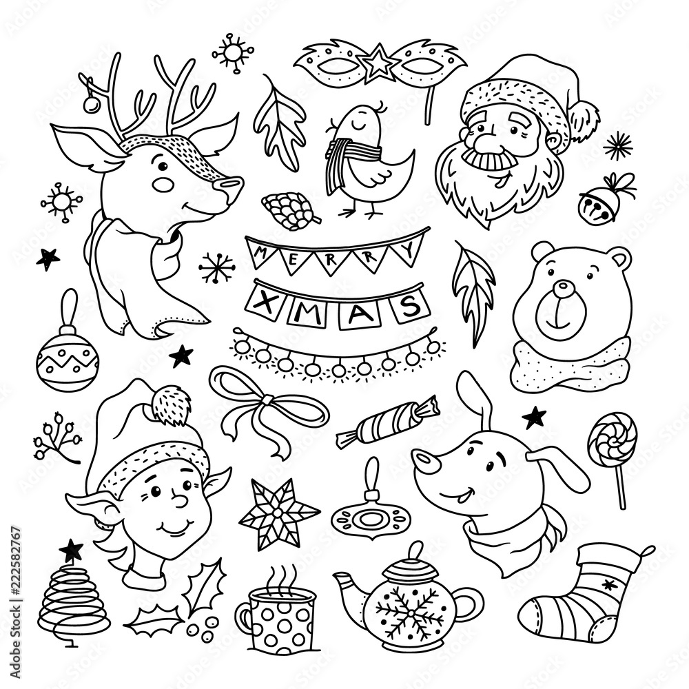 Set of Christmas doodles Santa, reindeer, elf, dog and bear characters ...