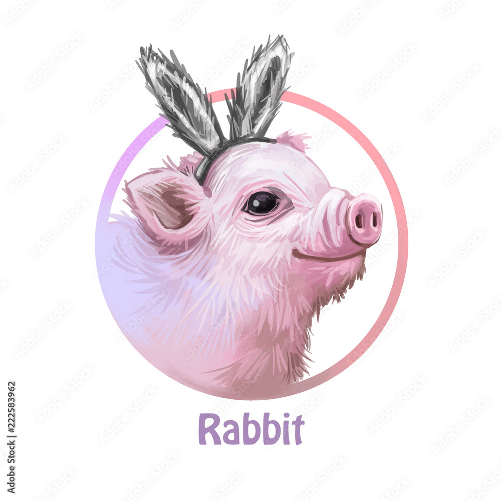 Rabbit Chinese zodiac system with pig wearing head decoration and ...