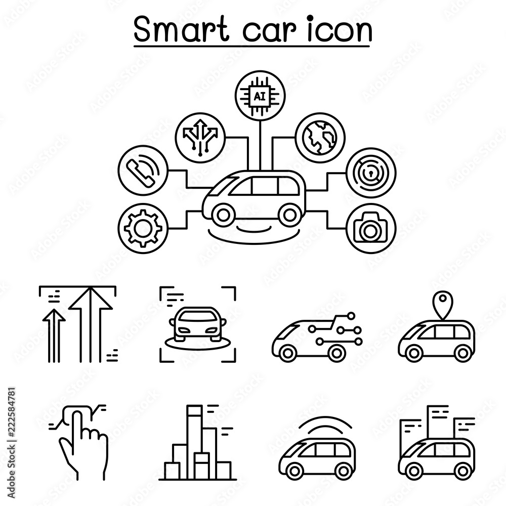 Smart car icons set in thin line style Stock Vector | Adobe Stock