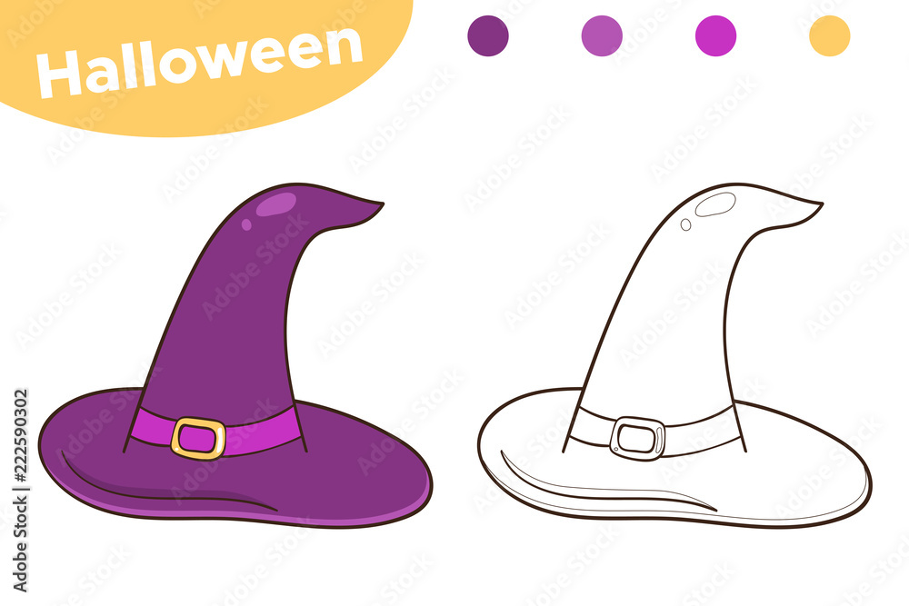 Halloween coloring page for kids. Cartoon witch magic hat. Doodle style ...