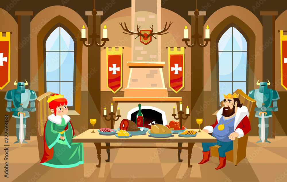 Cartoon castle hall with king and queen. Royal dinner in front of ...