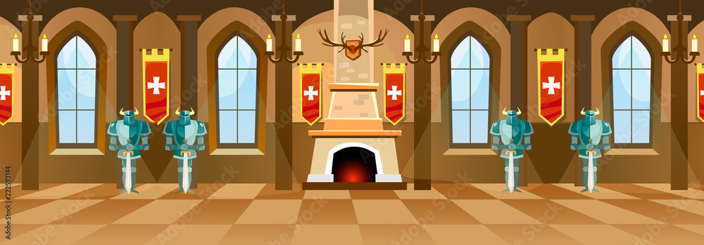 Cartoon castle hall with knights, fireplace and windows in big room ...