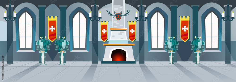 Cartoon castle hall with knights, fireplace and windows in big room ...