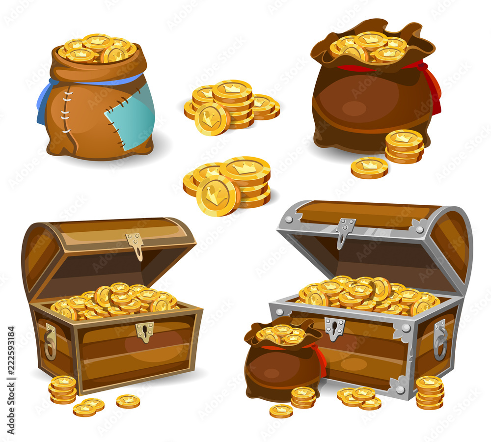 Casino and Game cartoon 3d money icons. Gold coins in moneybags and ...