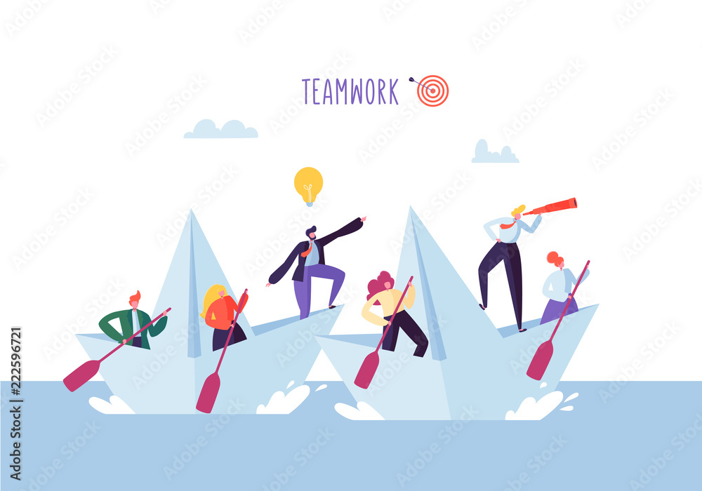 Business People Floating on a Paper Ship. Flat Characters with Spyglass ...