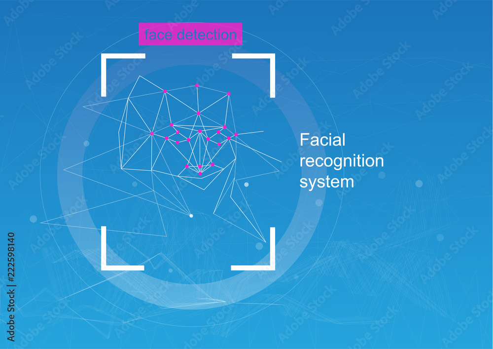 Face recognition, concept. concept of recognition. diagram of the grid and neural network ...