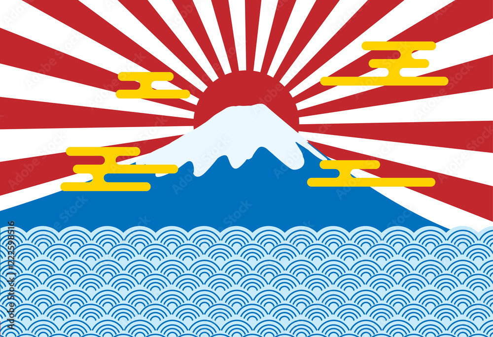 vector of red sun ray of japan rising sun with fuji san and blue wave ...