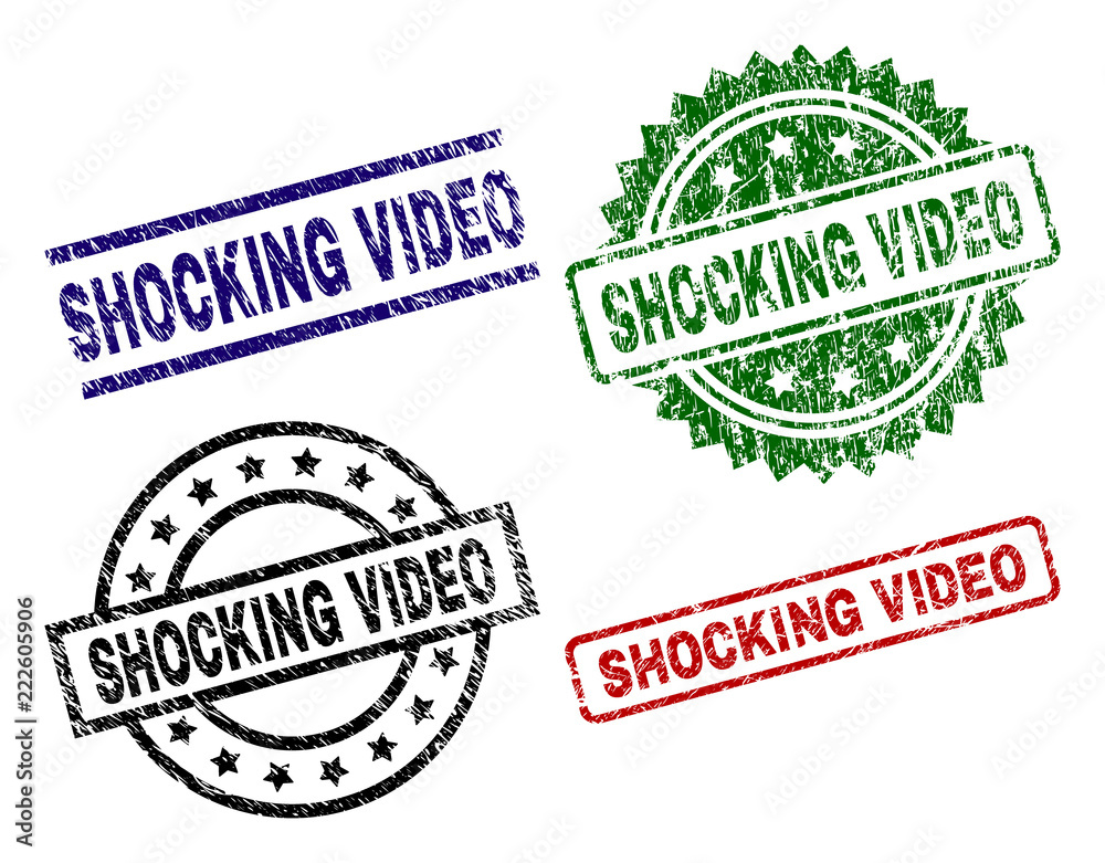 Vetor de SHOCKING VIDEO seal prints with damaged texture. Black, green ...