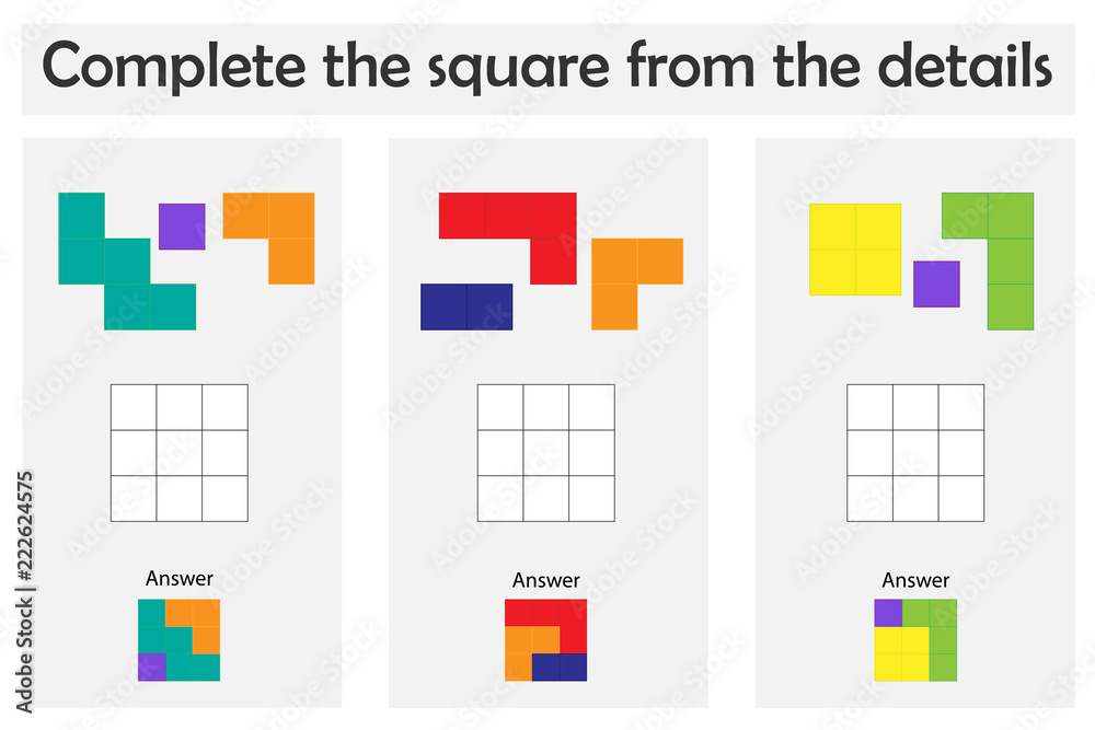 Puzzle game with colorful details for children, complete the square ...