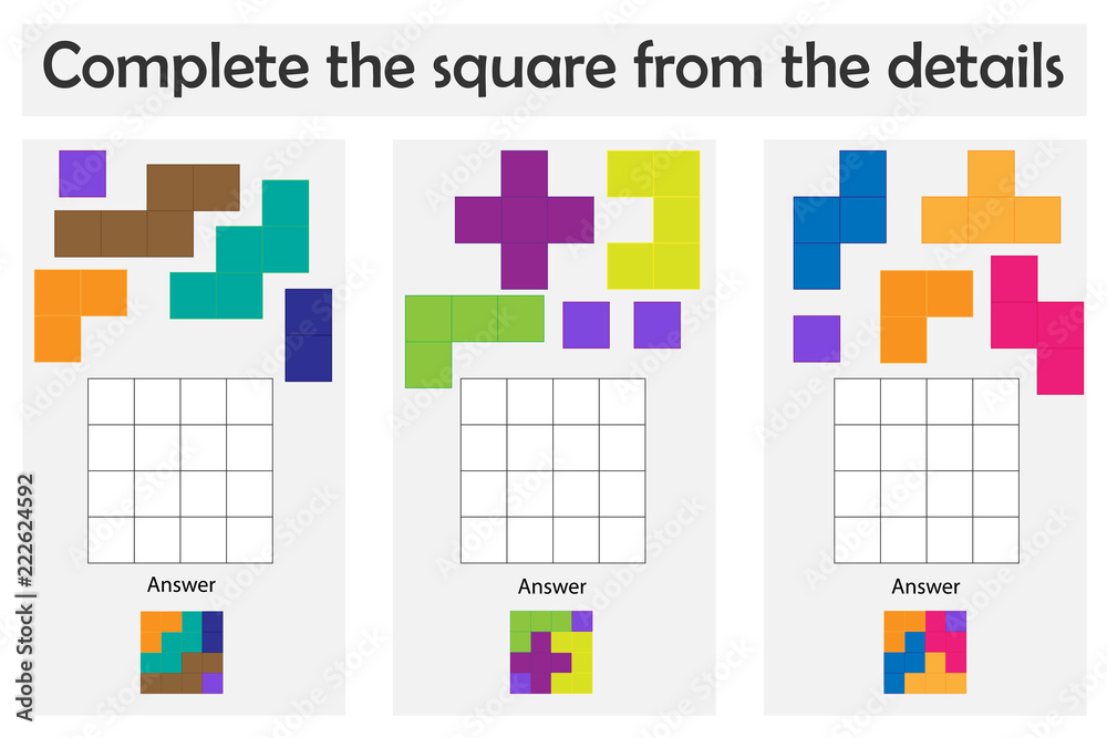 Puzzle game with colorful details for children, complete the square ...