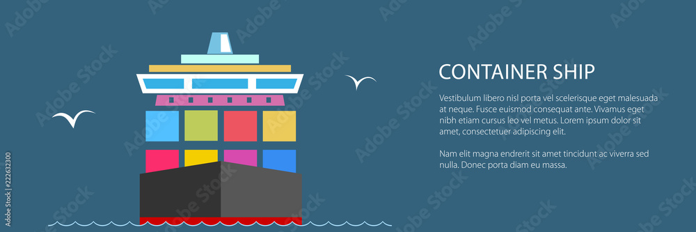 Front View of the Cargo Container Ship at Sea and Text, Industrial ...