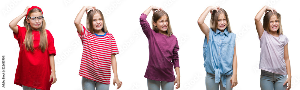 Collage of young beautiful little girl kid over isolated background ...