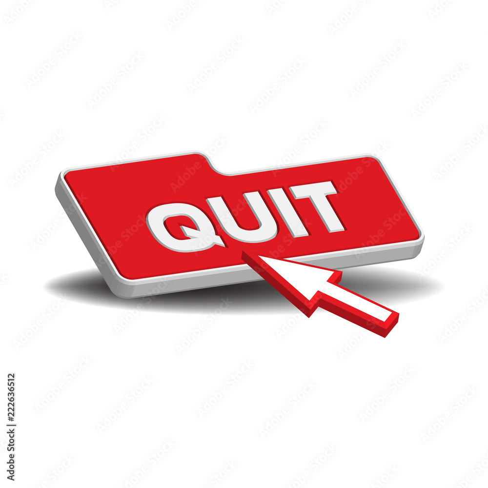 Isolated red quit button and a mouse cursor ready to press the button ...