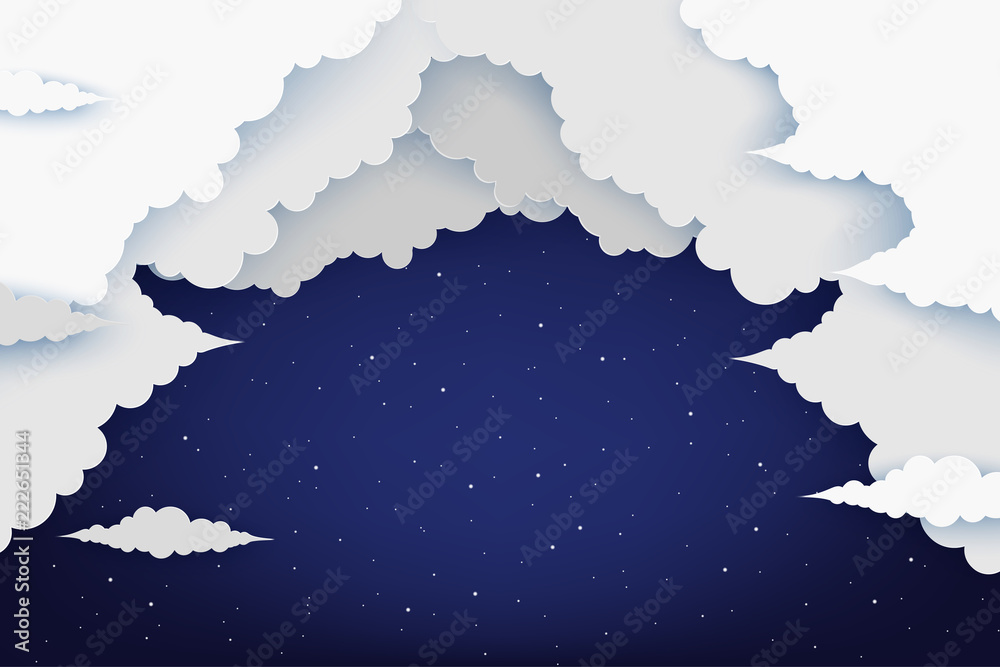 Paper fluffy clouds and shining stars in midnight. Modern 3d origami ...