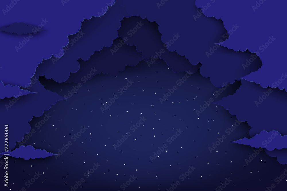 Paper fluffy clouds and shining stars in midnight. Modern 3d origami ...