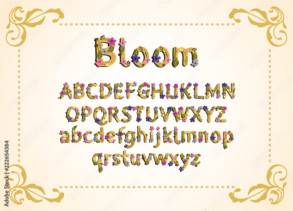 Vector colorful flower font. Vector illustration. Grotesque style ...