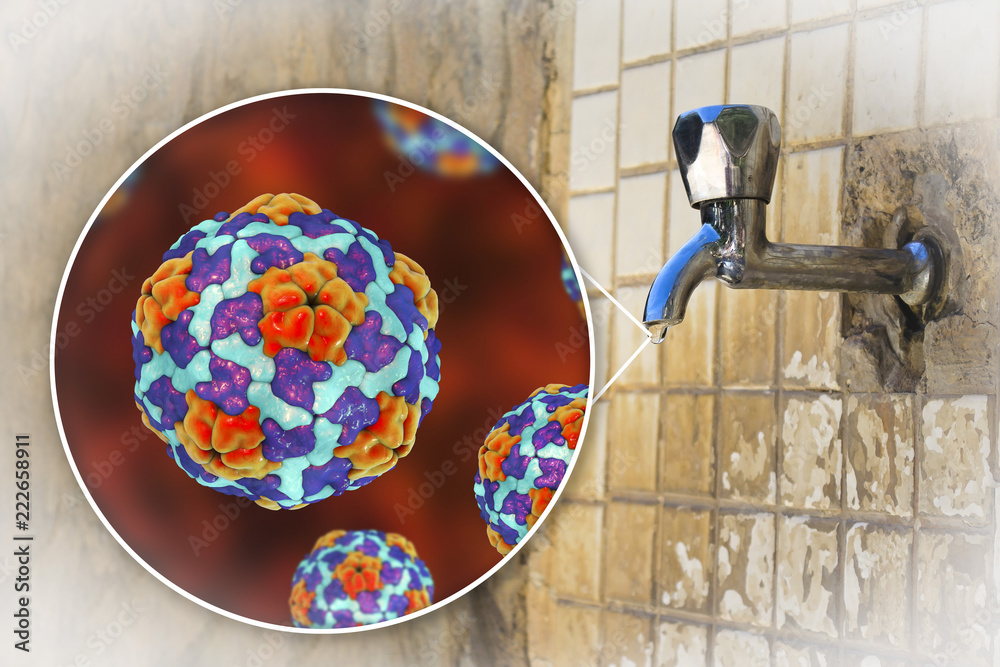 Safety of drinking water concept, 3D illustration showing Hepatitis A ...