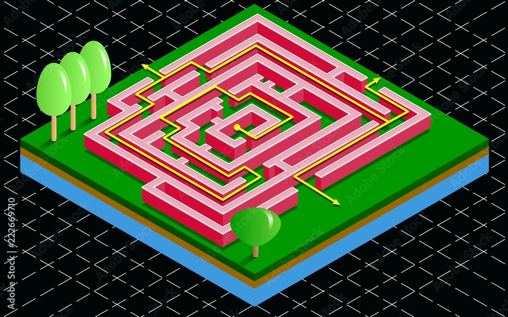Isometric 3D maze tile with arrow solution. Labyrinth on the green ...