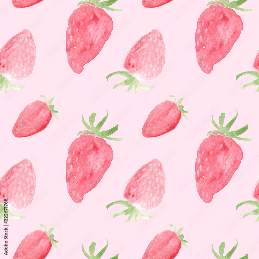 Watercolor seamless pattern with strawberries. Hand drawn design, pink ...
