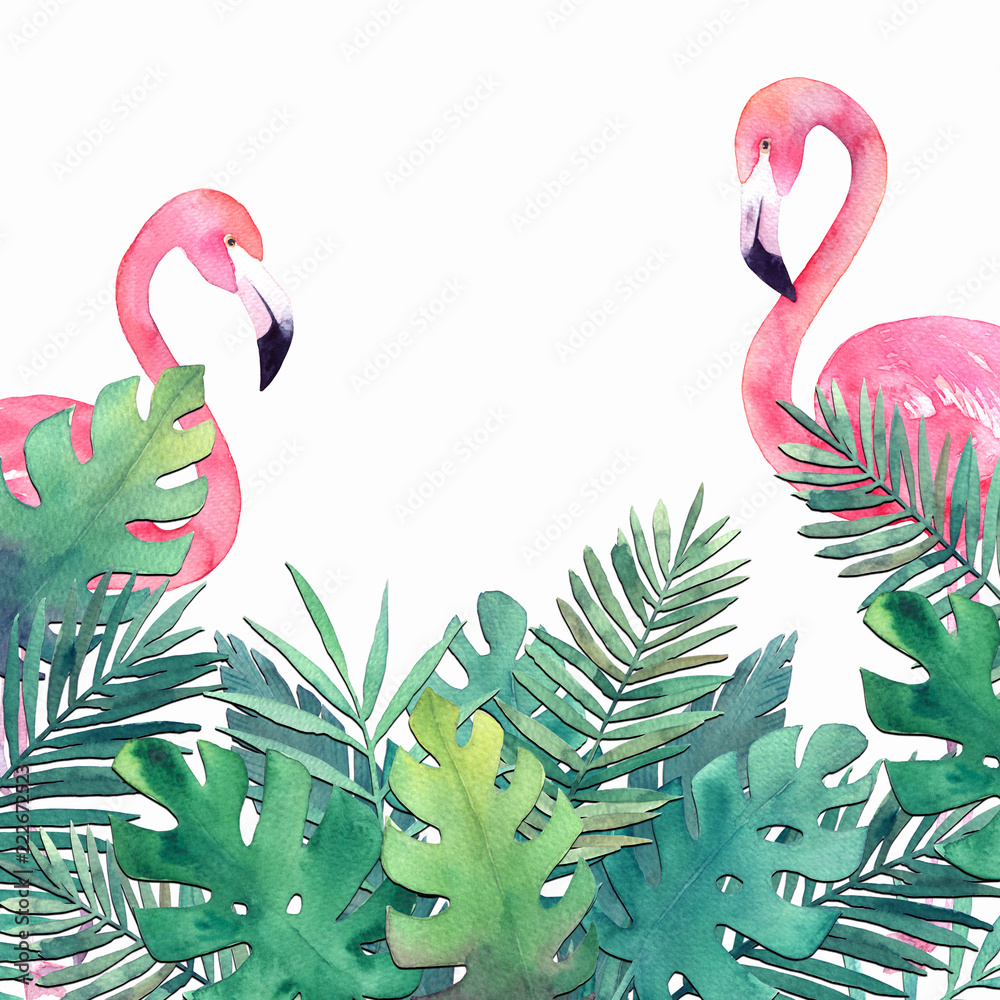 Exotic tropical palm tree and flamingo. Frame border background. Summer ...