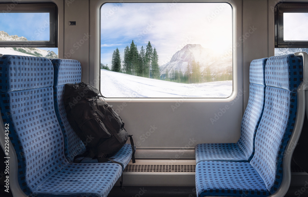 Train seats and winter scene on the window Stock-Foto | Adobe Stock
