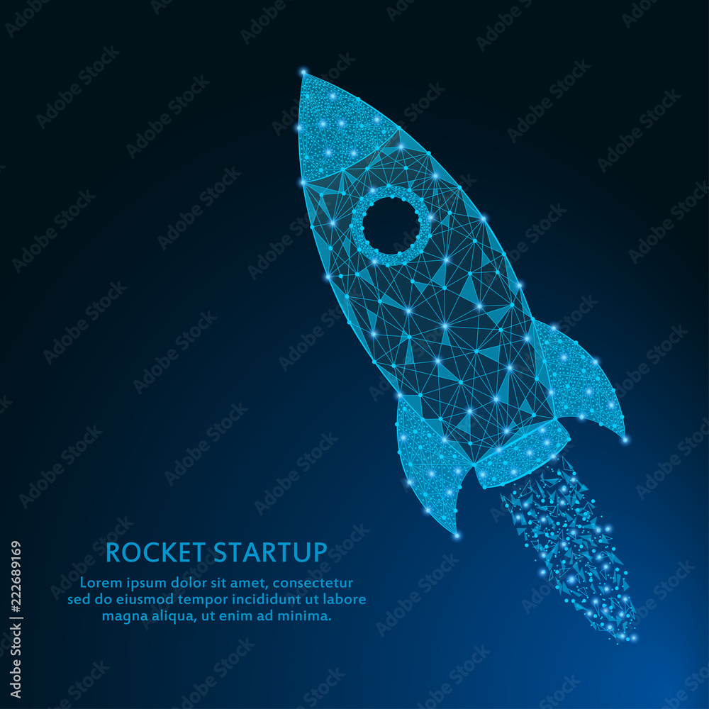 Rocket made by points and lines, polygonal mesh with stars on night sky ...