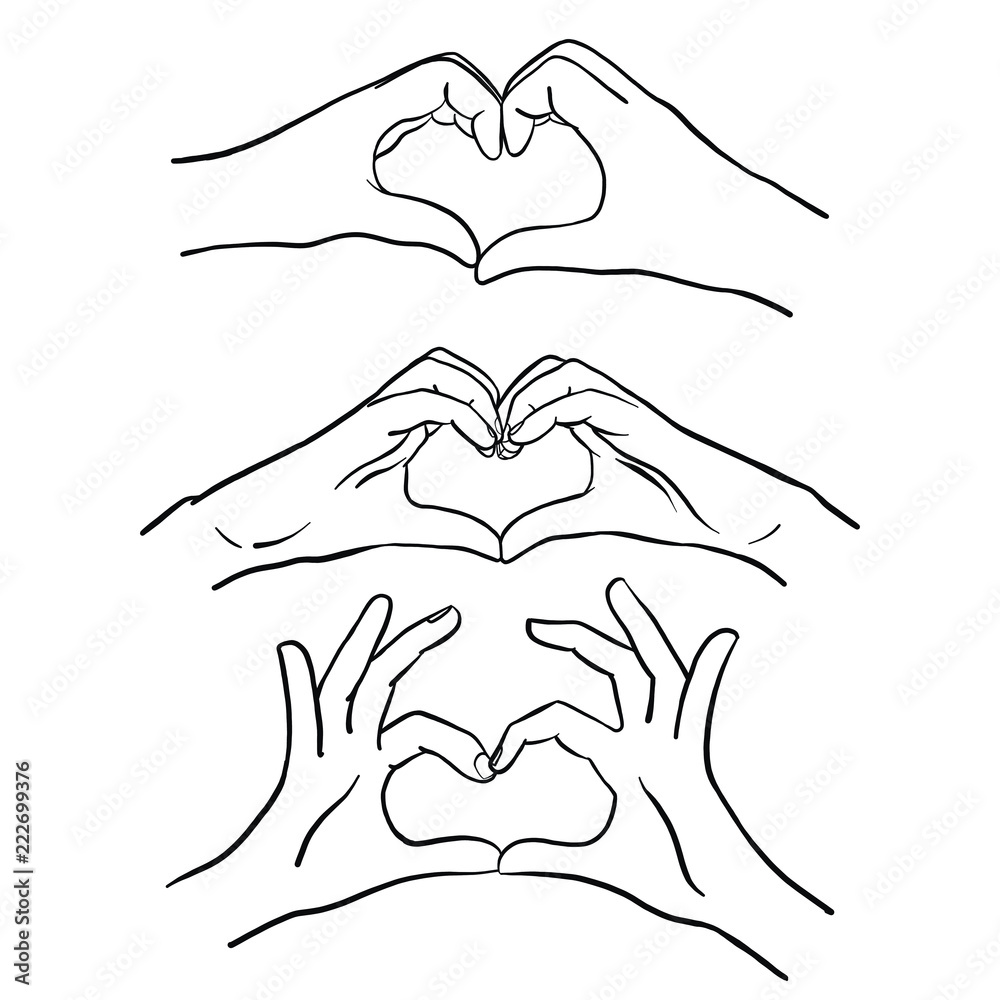hand drawn vectore women hands showing a heart symbol from front and ...